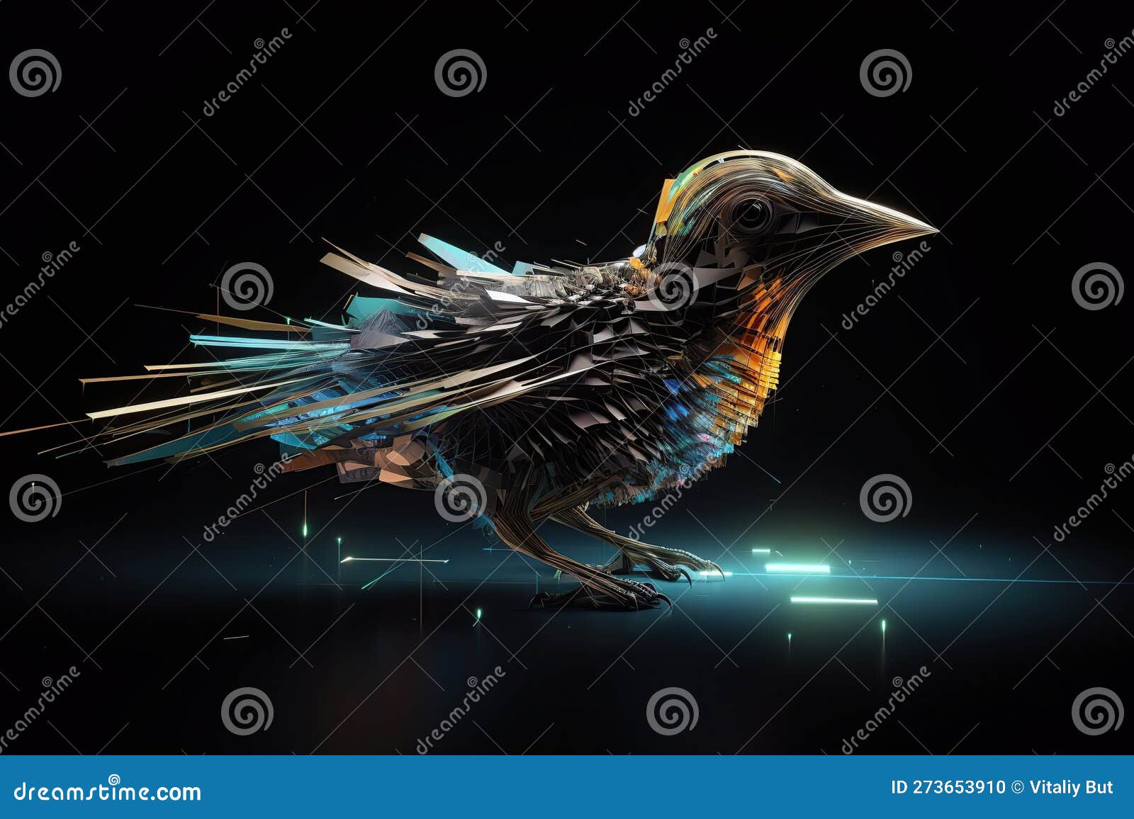 Futuristic Glowing Low Poly Flying Bird, Abstract Dark Bird Isolated on Dark Background Made ...