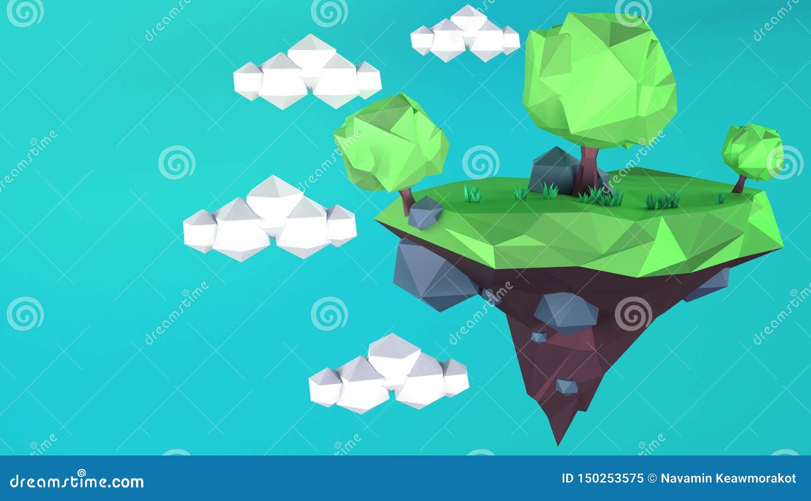 Low Poly Island with on a Blue Sky.3D Rednering Stock Illustration ...