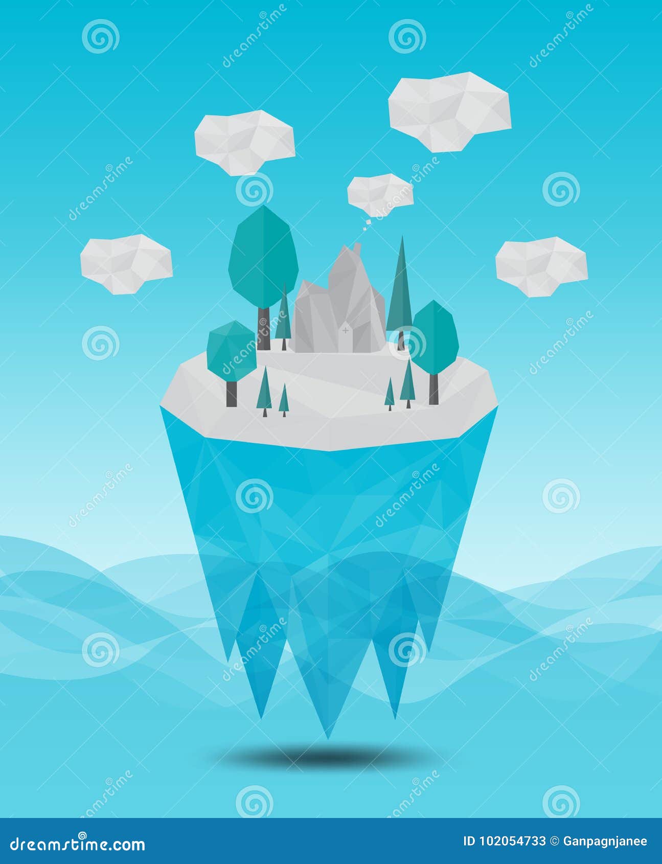 Low Poly Island Landscape. Tree and Home Polygonal Vector Stock Vector ...