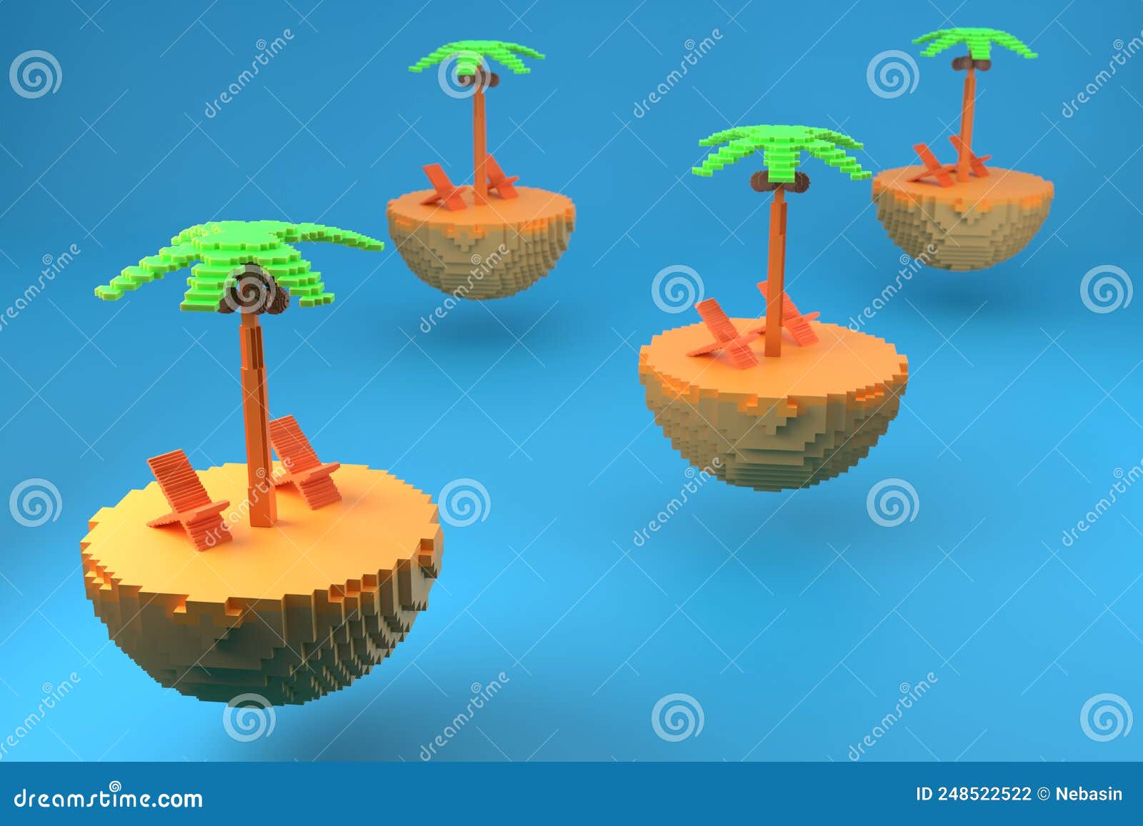 Low Poly Islands with Palm Tree and Deck Chair on Blue Background. the ...