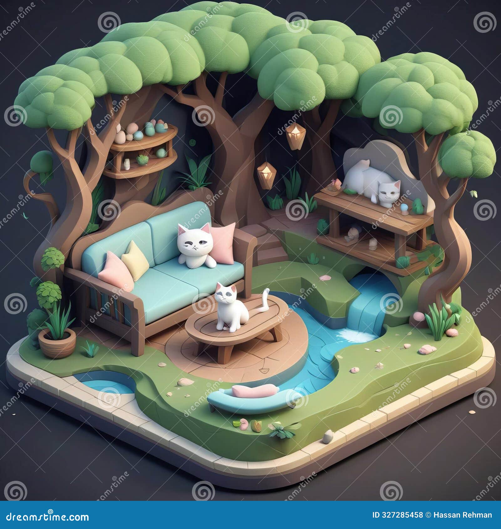 A Low Poly Isometric Stream Room with a Cute Cat Tree Stock ...