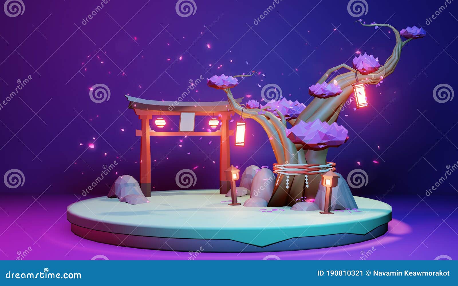 The Low Poly - Japanese On Island In Purple Blue Background .3D ...