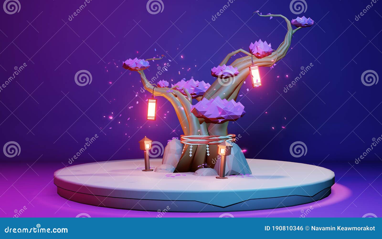 The Low Poly - Japanese on Island in Purple Blue Background .3D ...