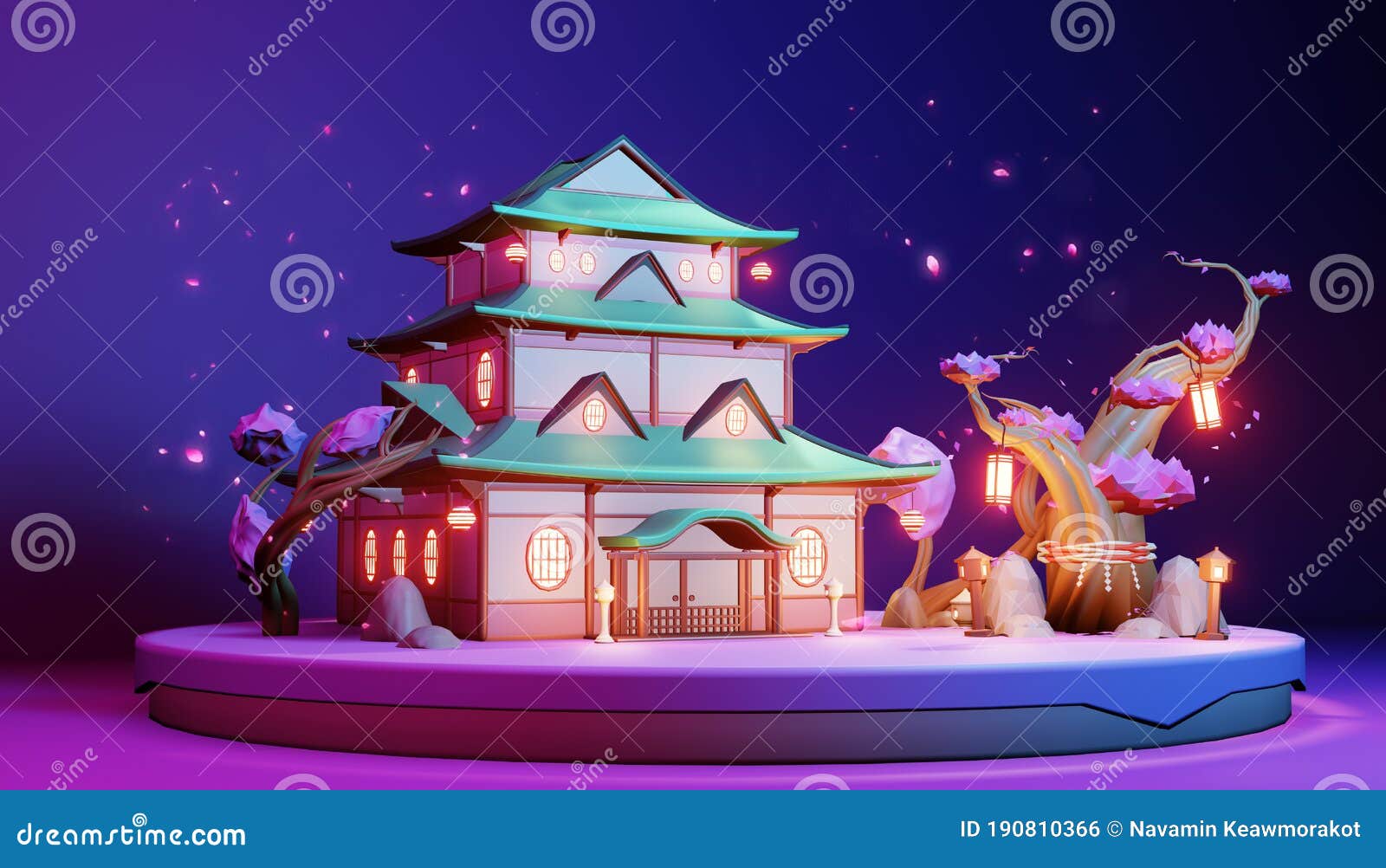 The Low Poly - Japanese on Island in Purple Blue Background .3D ...