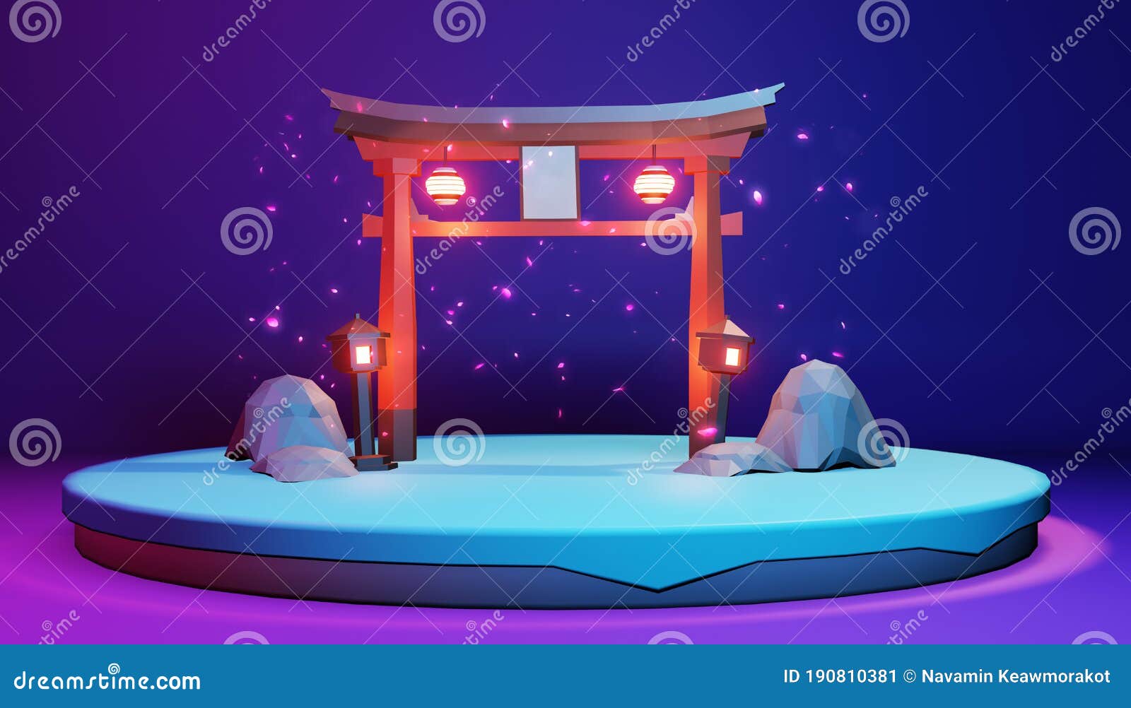Low Poly - Japanese on Island in Purple Blue Background .3D Rednering ...
