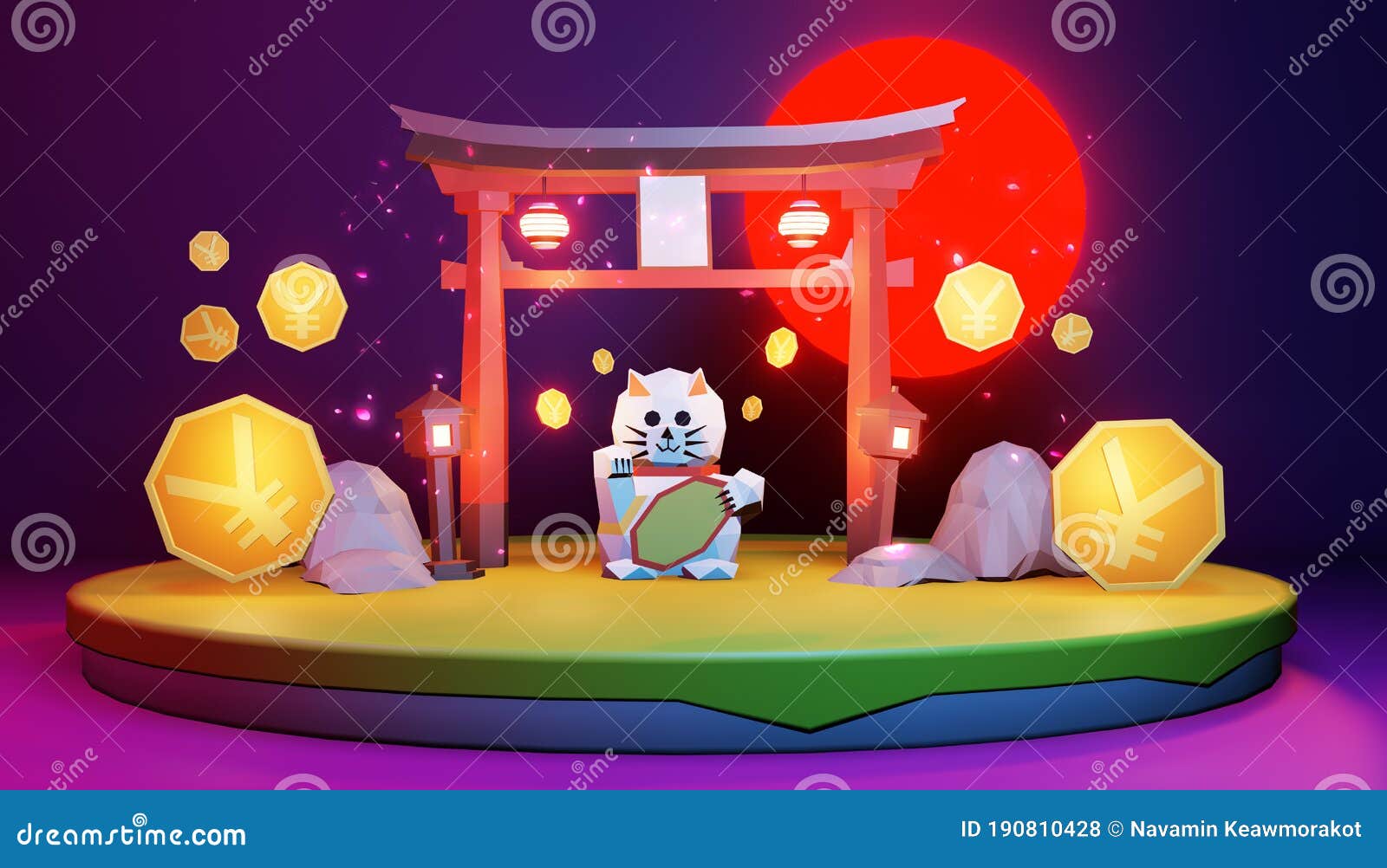 Low Poly - Japanese on Island in Purple Blue Background .3D Rednering ...