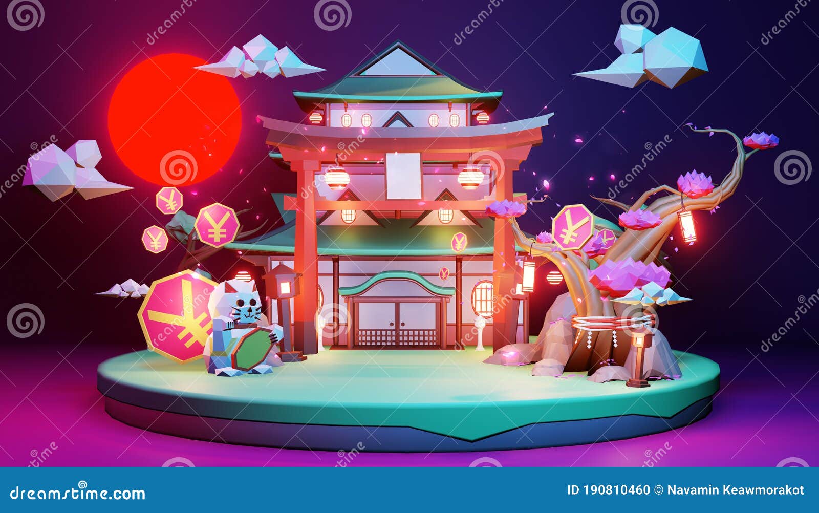 The Low Poly - Japanese On Island In Purple Blue Background .3D ...
