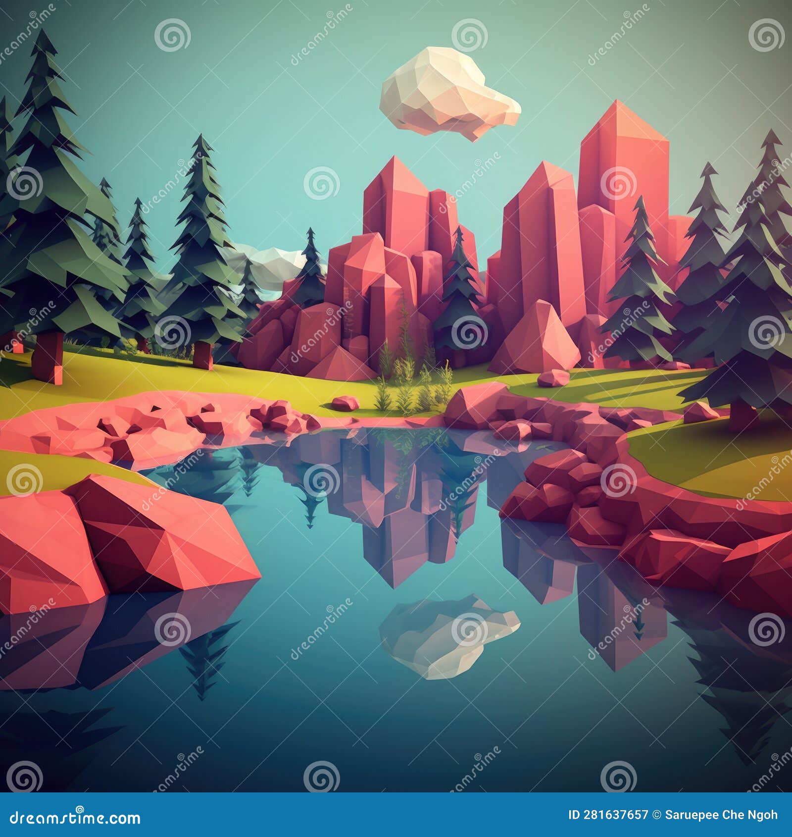 Low Poly Lake Islands Design. Landscape Rendering Design Stock ...