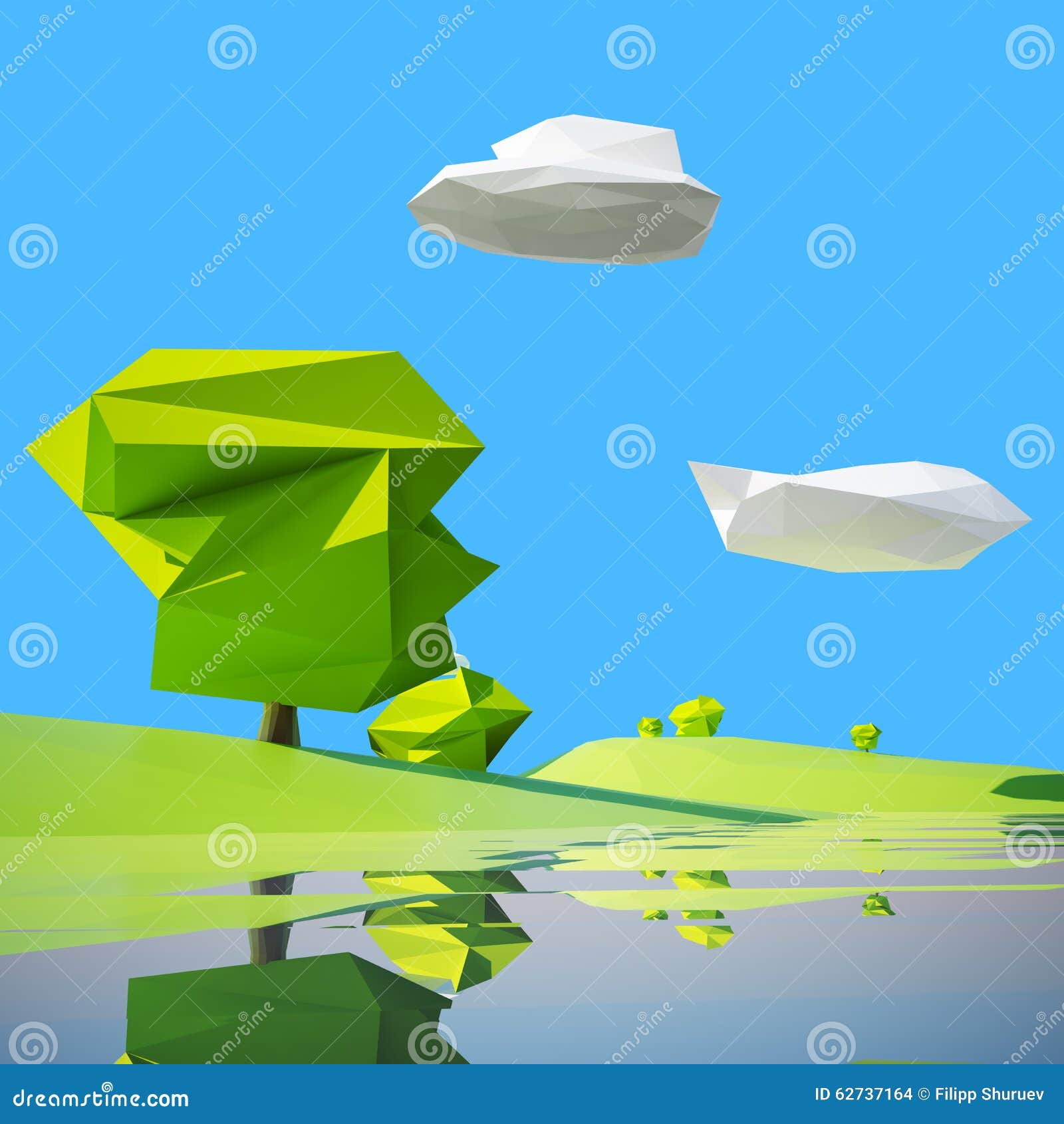 Low Poly Landscape with Water and Tree Stock Illustration ...