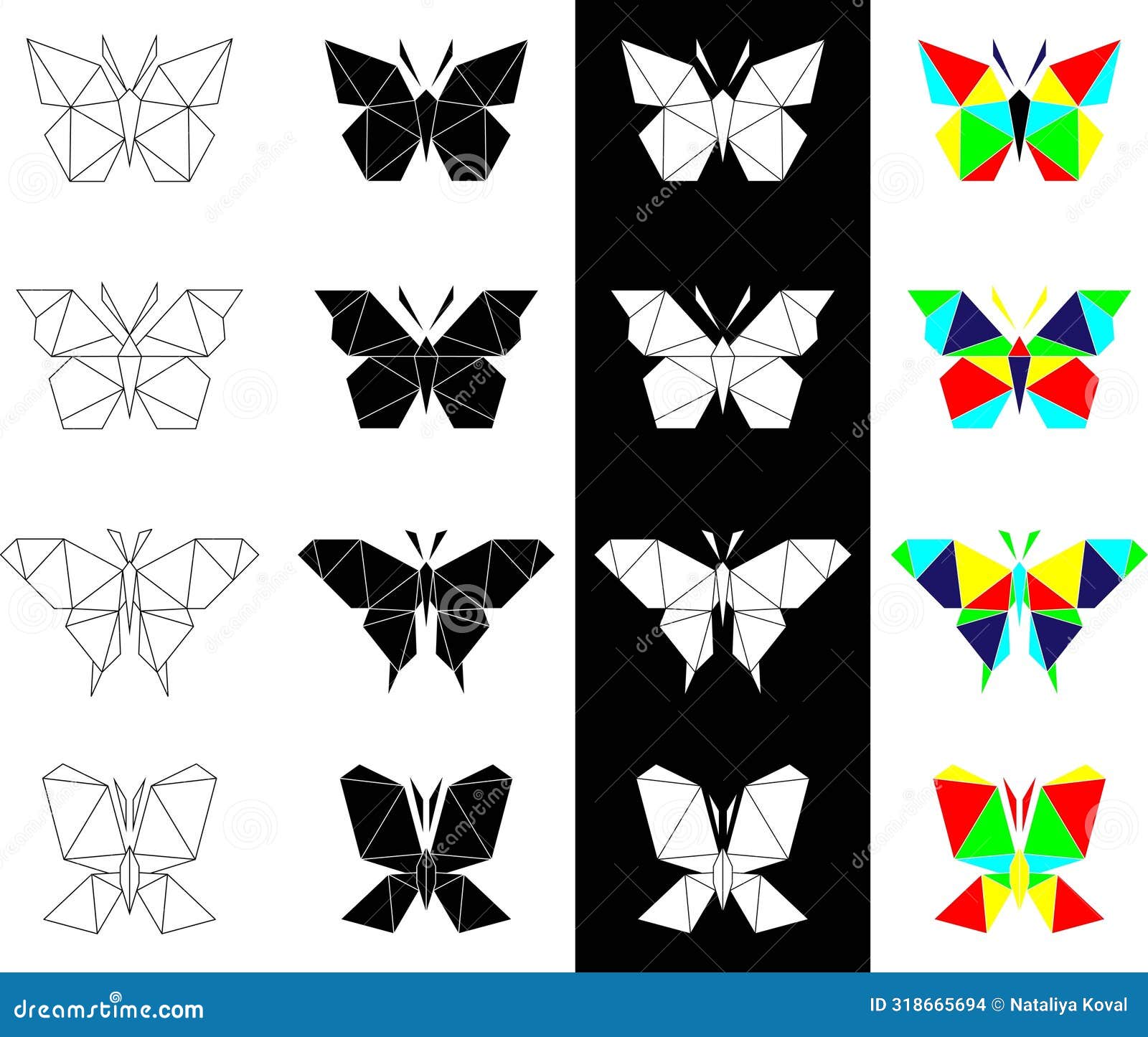 LOW POLY LOGO ICON TRIANGLE WING FLY BUTTERFLY POLYGONAL SET Stock ...