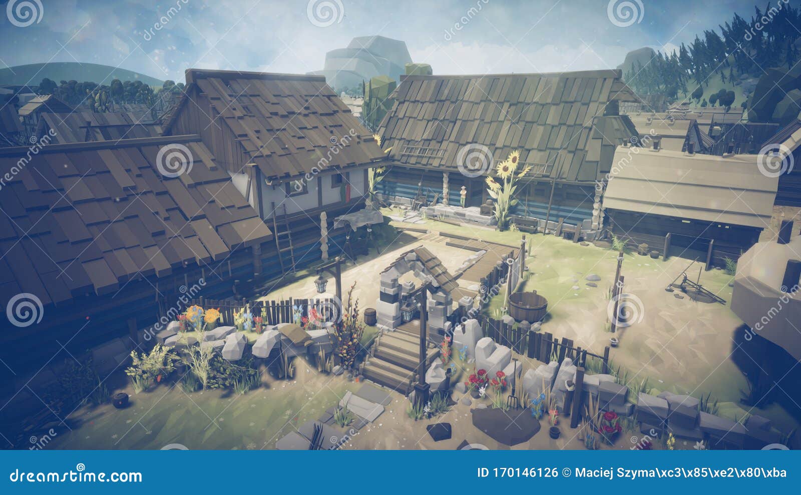 Low Poly Medieval Town stock illustration. Illustration of meadows ...