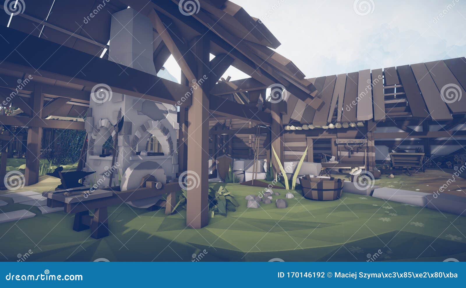 Low Poly Medieval Town stock illustration. Illustration of mountain ...