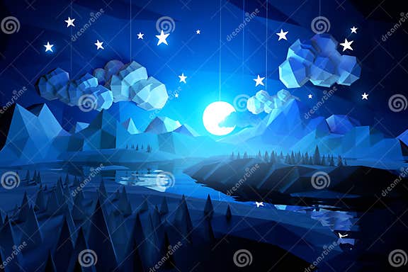 Low Poly Midnight Landscape Stock Illustration - Illustration of ...