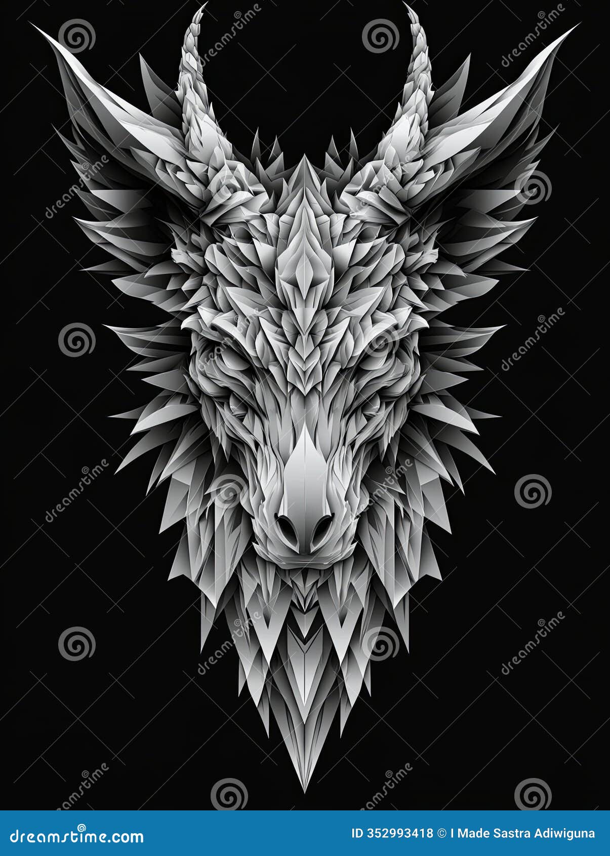 Low-poly Monochrome Dragon Head, Sharp Angles, Fierce Expression ...