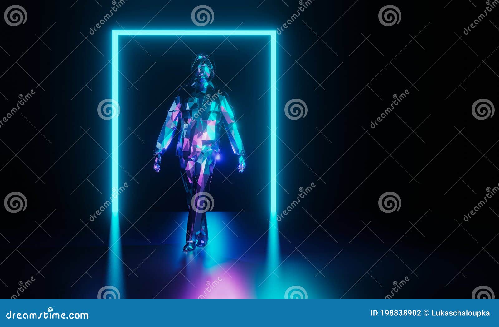 Low Poly Neon Color Robor Walking, Standing on Reflection Floor with ...