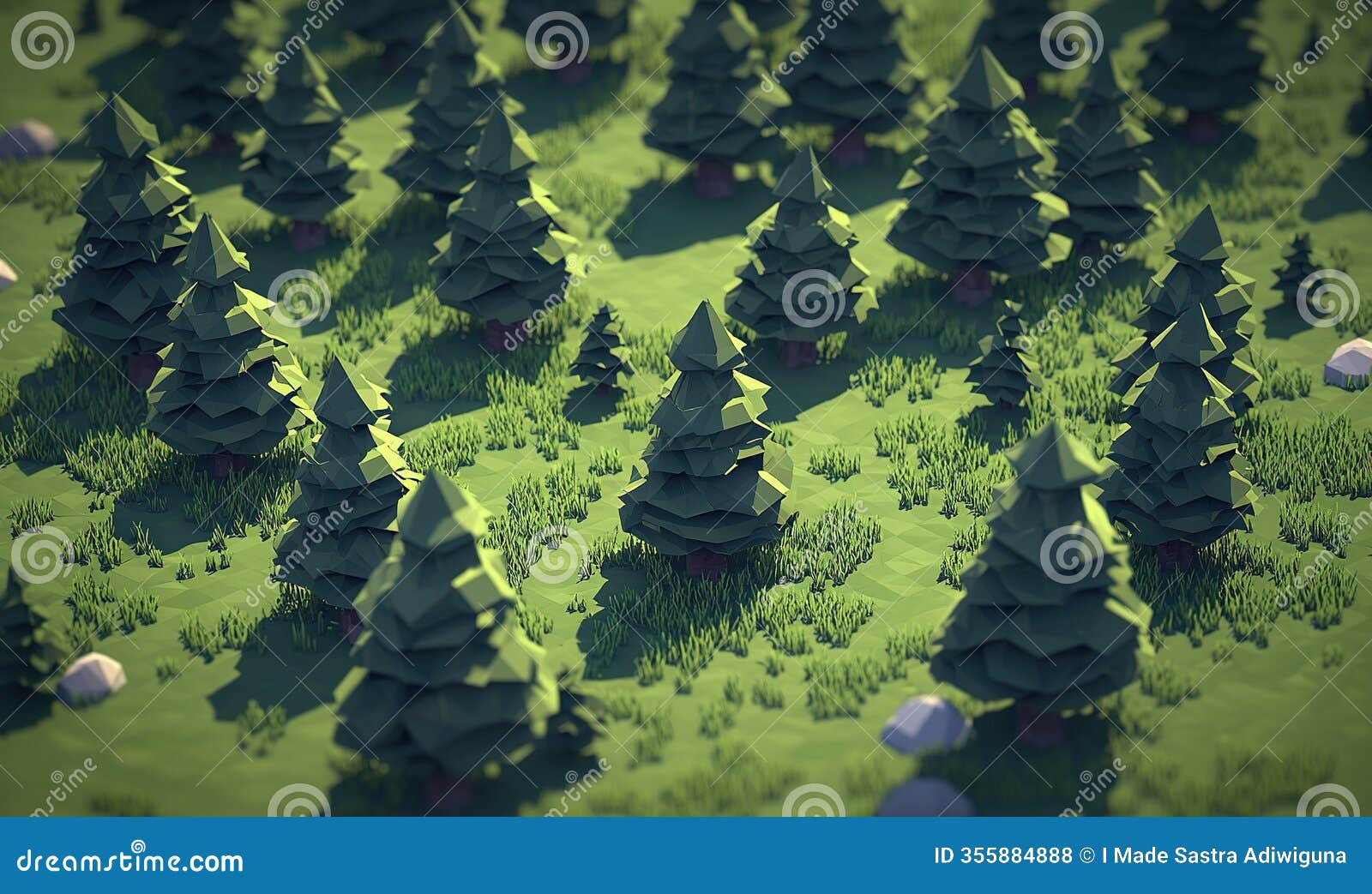 Low Poly Pine Forest Scene with Rocks, Grass, Shadows. Ideal for ...