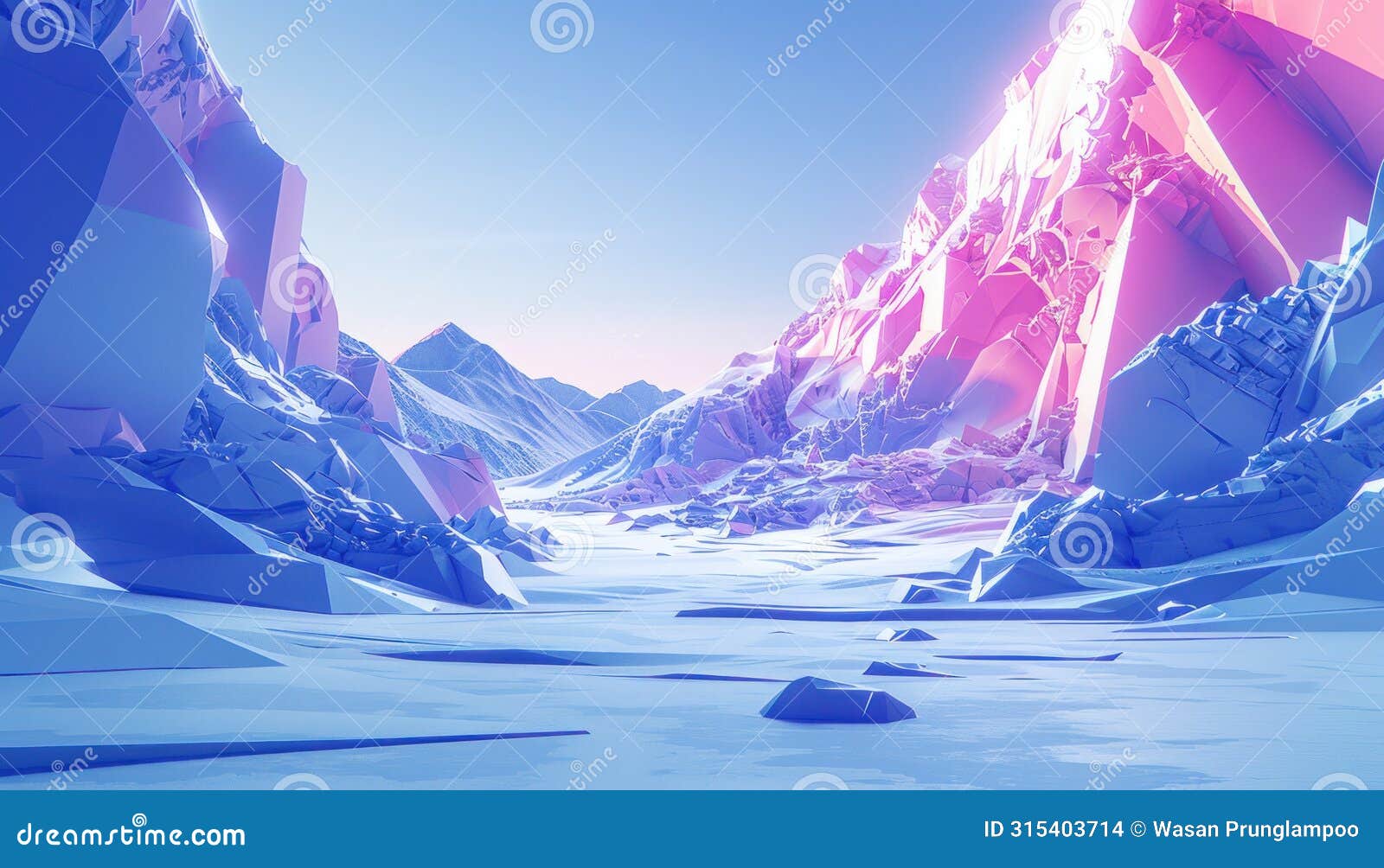 A Low Poly Render Of A Mountain Landscape With A Blue And Pink Color ...