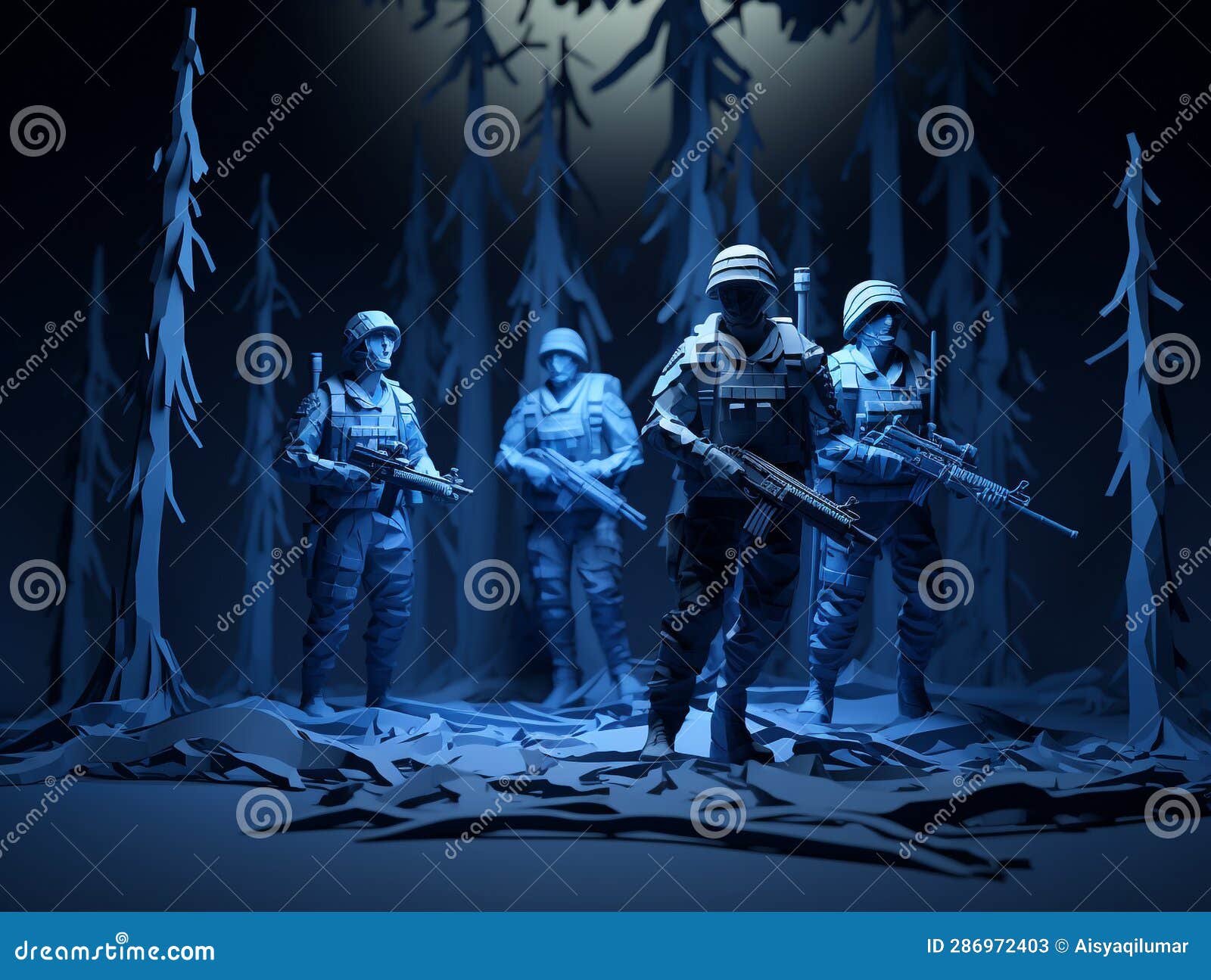 Low Poly Soldier in a Blue Forest Atmosphere. Stock Illustration ... Low Poly Soldier in a Blue Forest Atmosphere. Stock Illustration ...