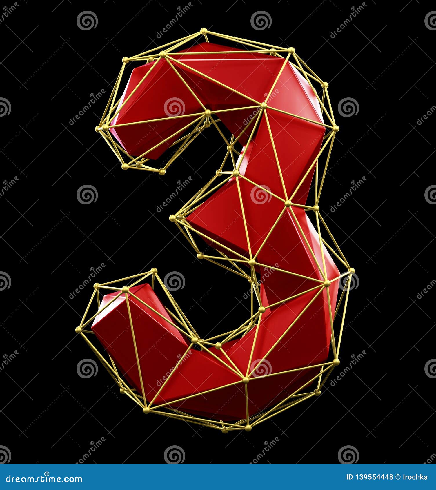 Low Poly Style Number 3. Red and Gold Color Isolated on Black ...