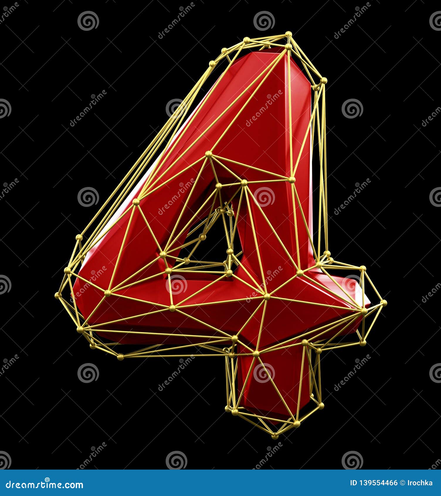 Low Poly Style Number 4. Red and Gold Color Isolated on Black ...