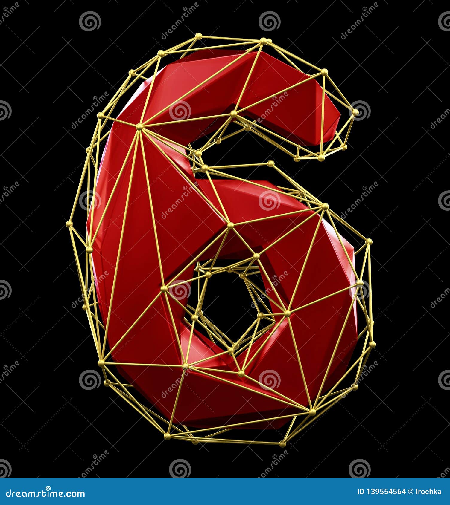 Low Poly Style Number 6. Red and Gold Color Isolated on Black ...