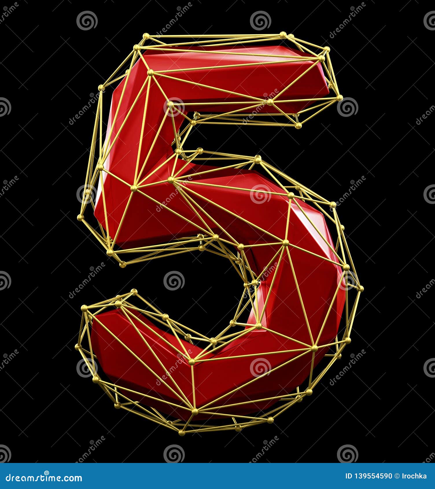 Low Poly Style Number 5. Red and Gold Color Isolated on Black ...