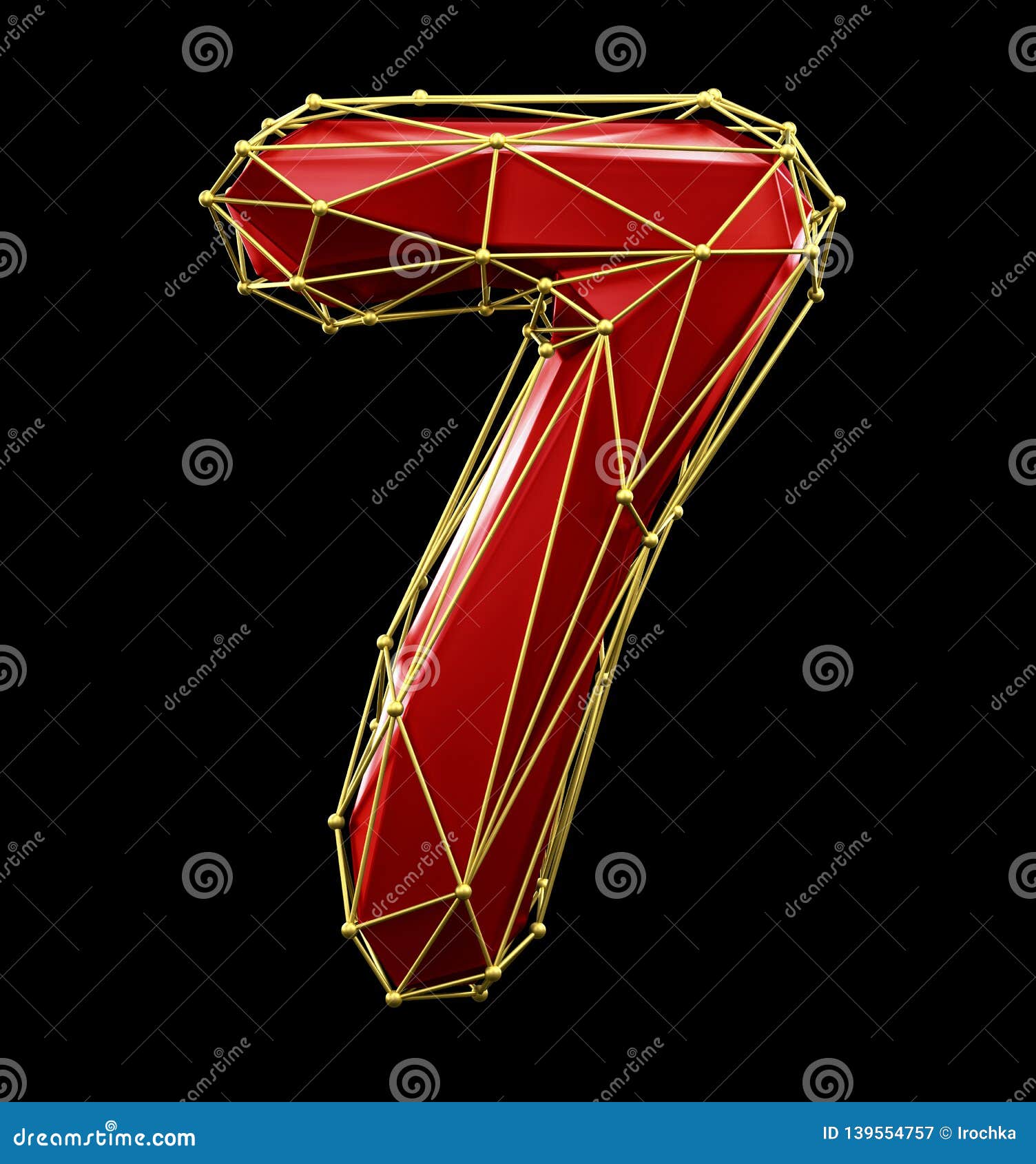 Low Poly Style Number 7. Red and Gold Color Isolated on Black ...
