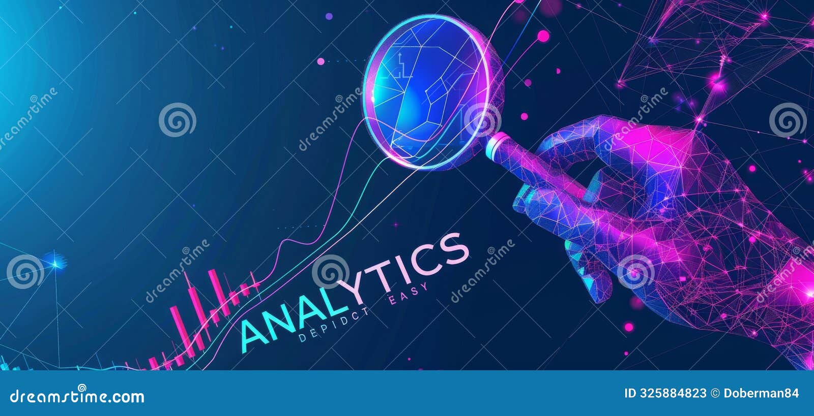 Low Poly Wireframe Illustration of Analytics Concept with Magnifying ...
