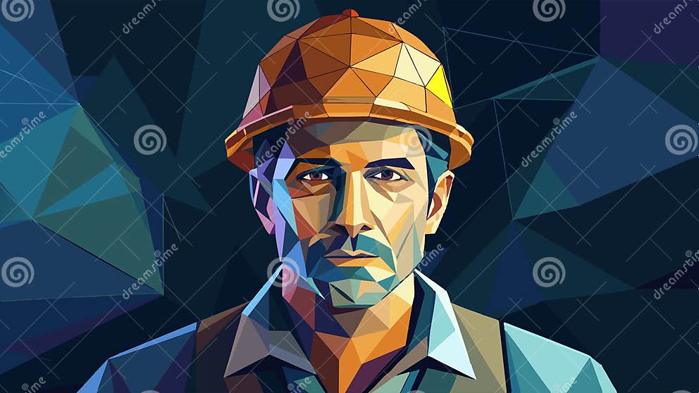Low Poly Wireframe Portrait of an Industry Engineer Worker and Hard Hat ...