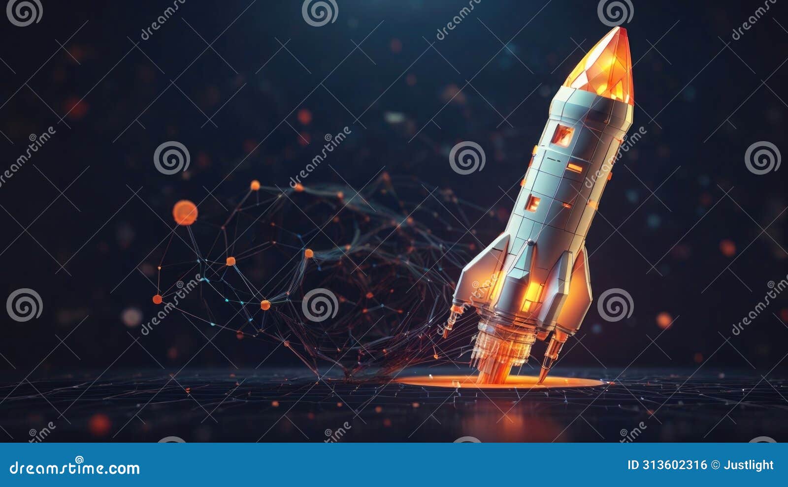 A Low Poly Wireframe of a Rocket is Illuminated by Glowing Circles on a ...