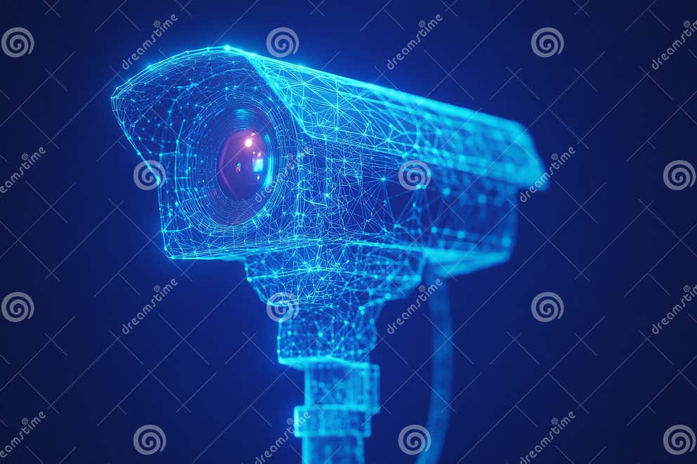 A Low Polygon CCTV Security Camera Wireframe Mesh on a Blue Background ...