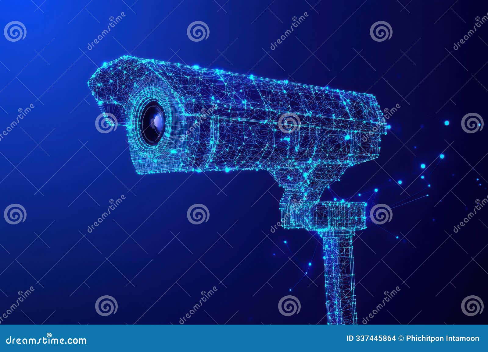 A Low Polygon CCTV Security Camera Wireframe Mesh Displayed on a Blue ...