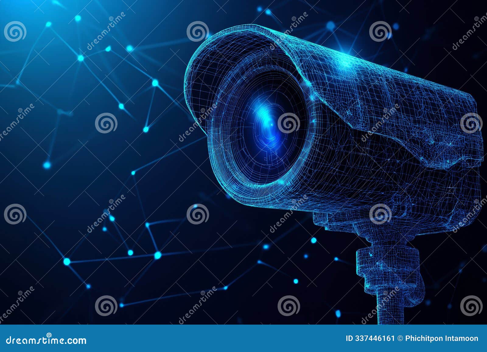 A Low Polygon CCTV Security Camera Wireframe Mesh Displayed on a Blue ...