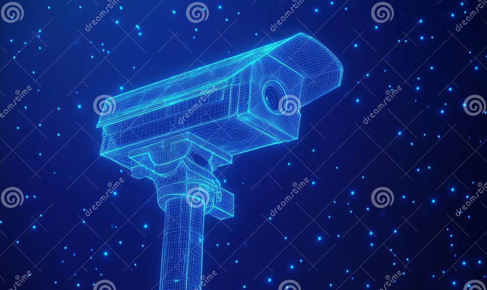A Low Polygon CCTV Security Camera Wireframe Mesh Displayed on a Blue ...