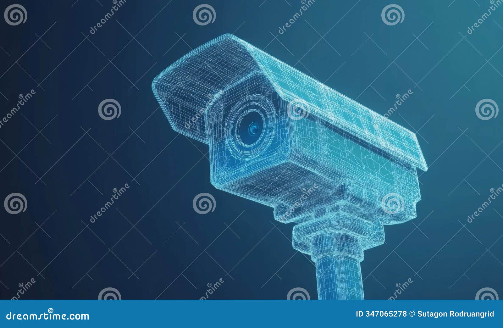 A Low Polygon CCTV Security Camera Wireframe Mesh Displayed on a Blue ...