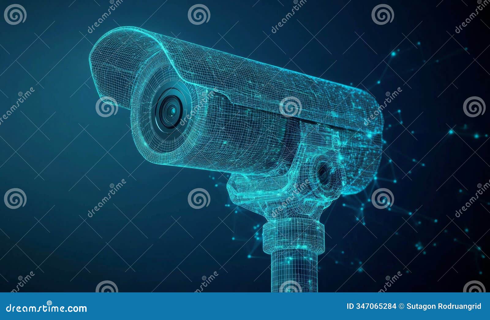 A Low Polygon CCTV Security Camera Wireframe Mesh Displayed on a Blue ...