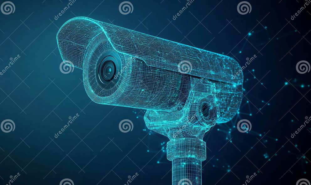 A Low Polygon CCTV Security Camera Wireframe Mesh Displayed on a Blue ...
