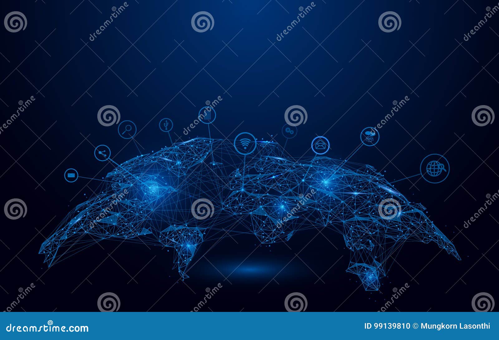 Low Polygon Globe Map with Social Icons Wireframe Mesh on Blue ...