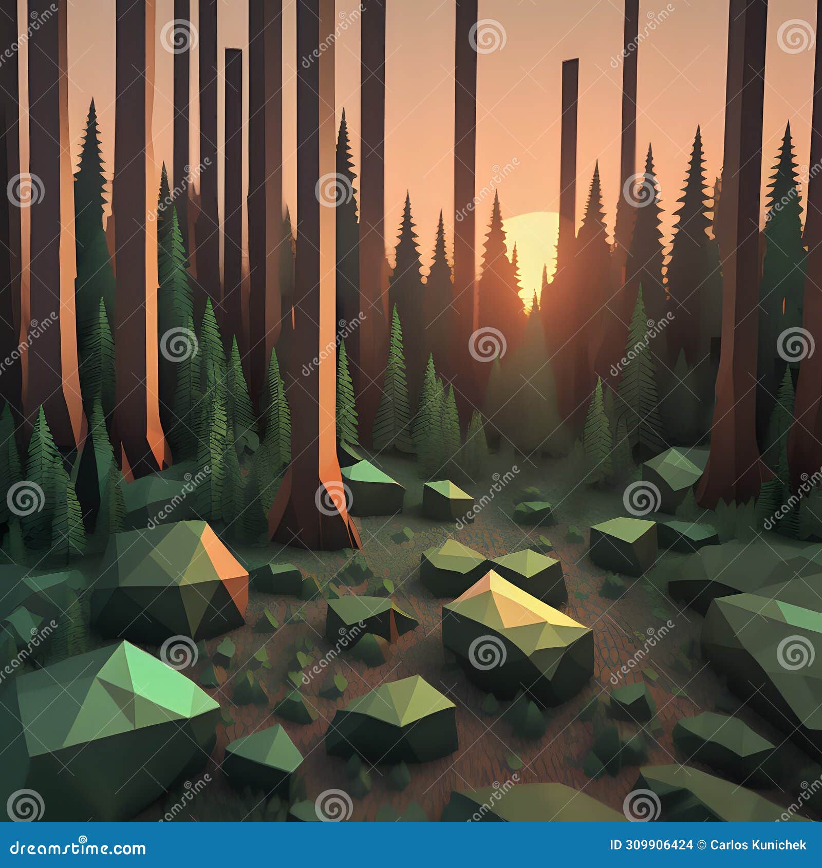A Low Polygon Image of the Forest during a Beautiful Sunset - Generated ...