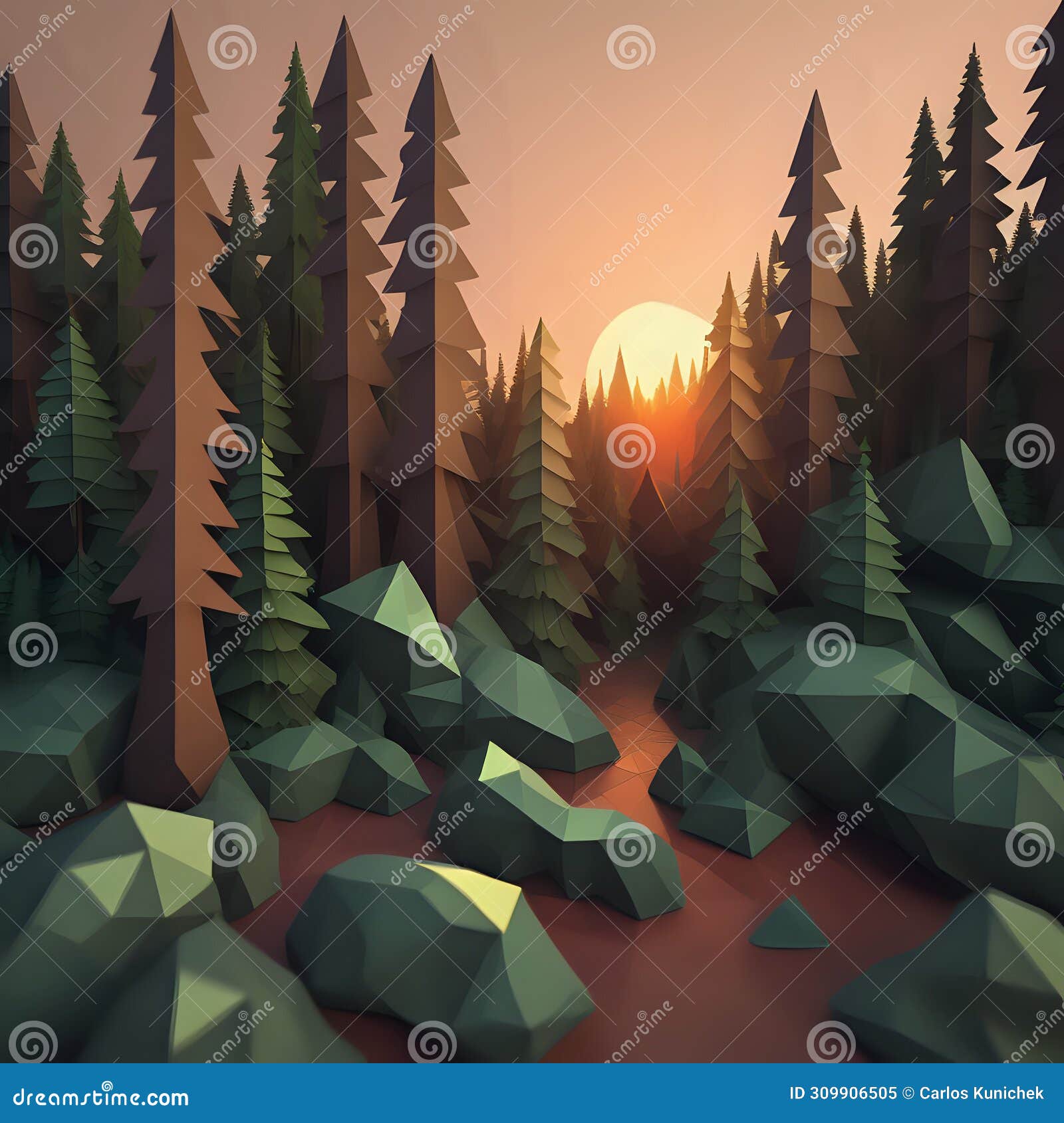 A Low Polygon Image of the Forest during a Beautiful Sunset - Generated ...