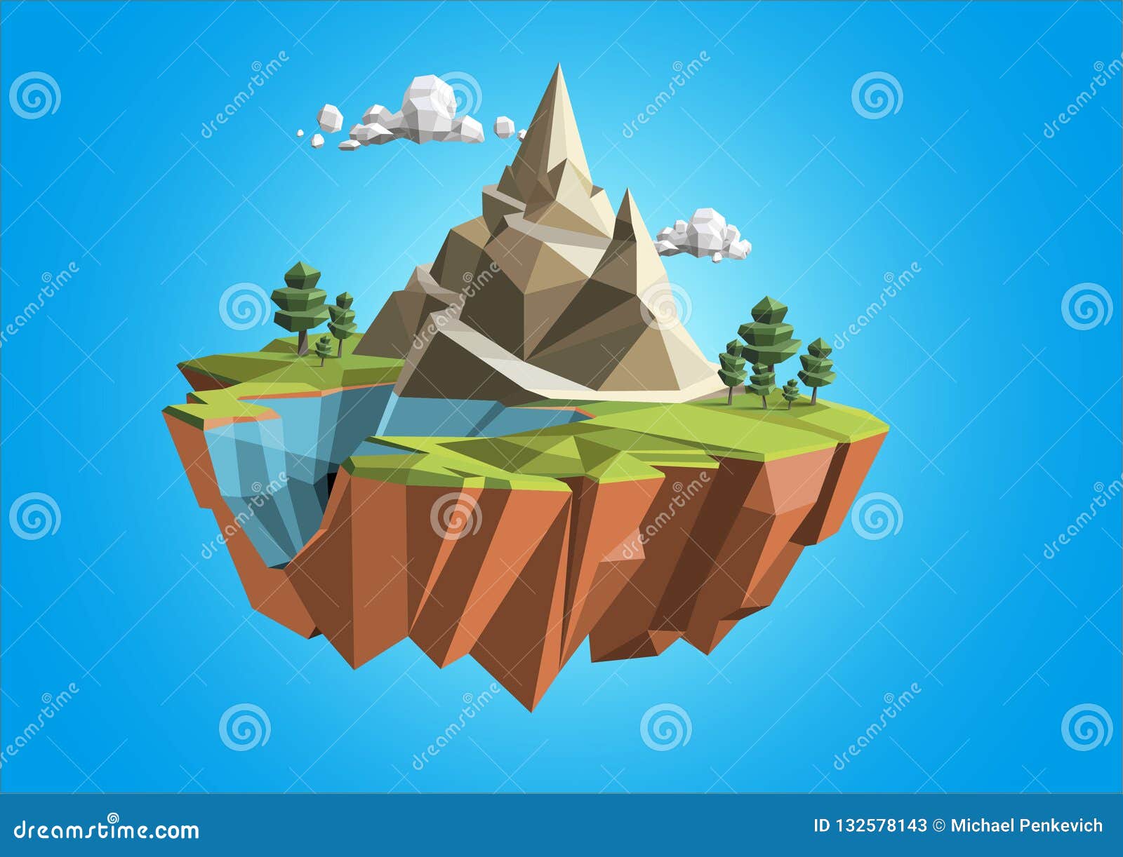 Low Polygonal Geometric Trees and Island. Low Poly Style. Stylized ...