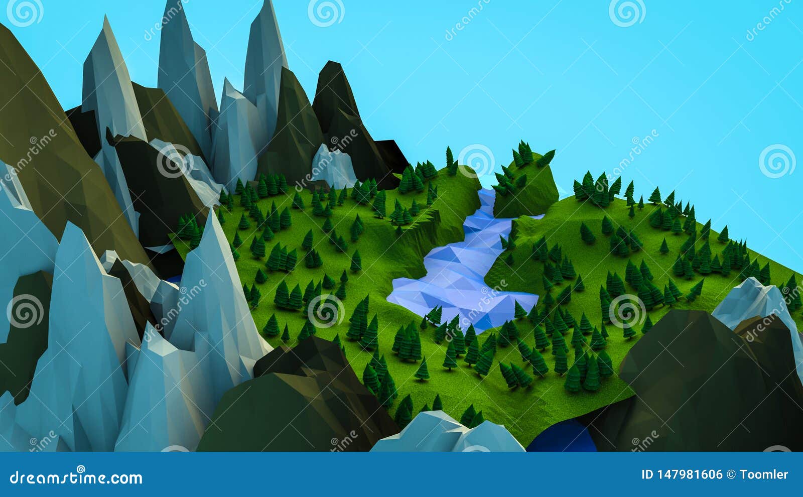 Low Polygonal Trees and Mountains. Landscape. Computer Graphics. 3D ...