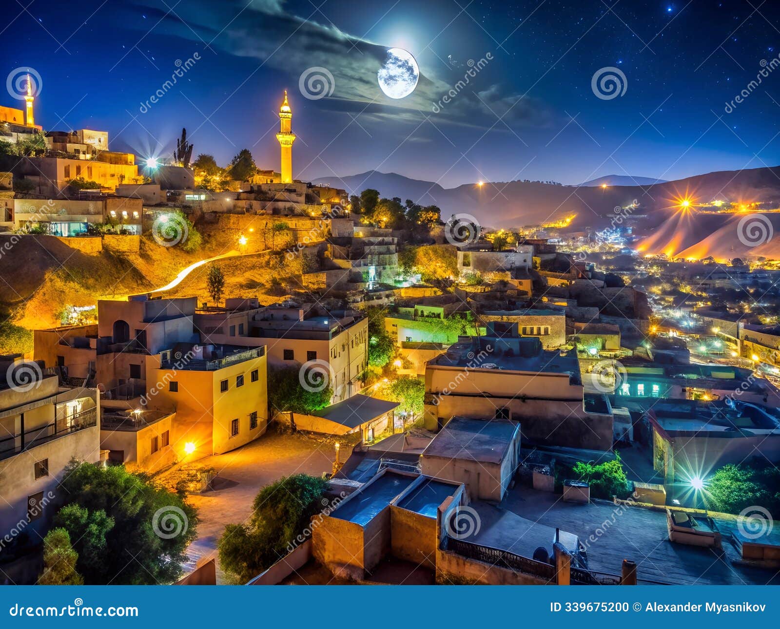 A Low-rise City Drenched in Moonlight Stock Illustration - Illustration ...