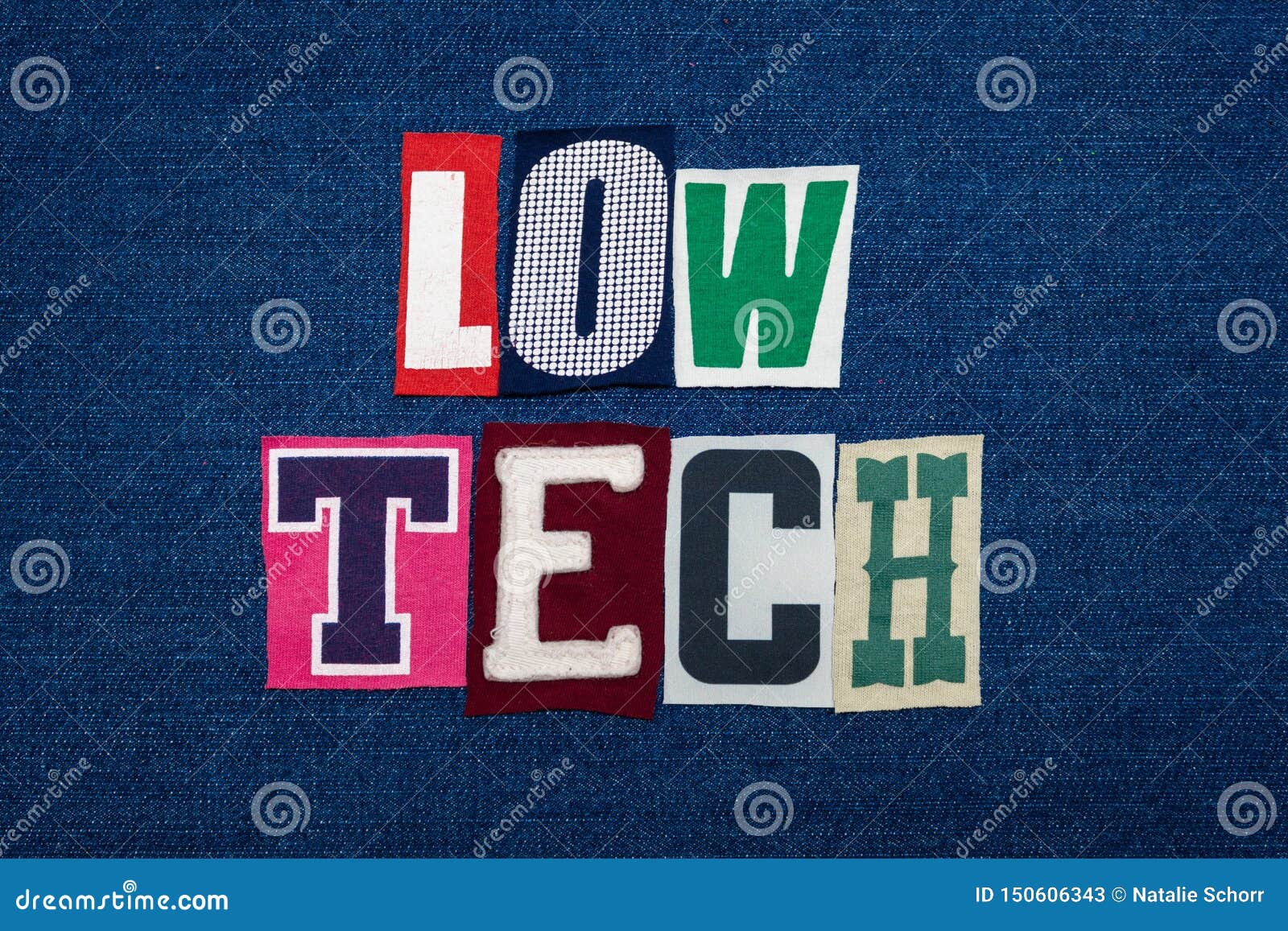 LOW TECH Collage of Word Text, Multi Colored Fabric on Blue Denim, Easy ...