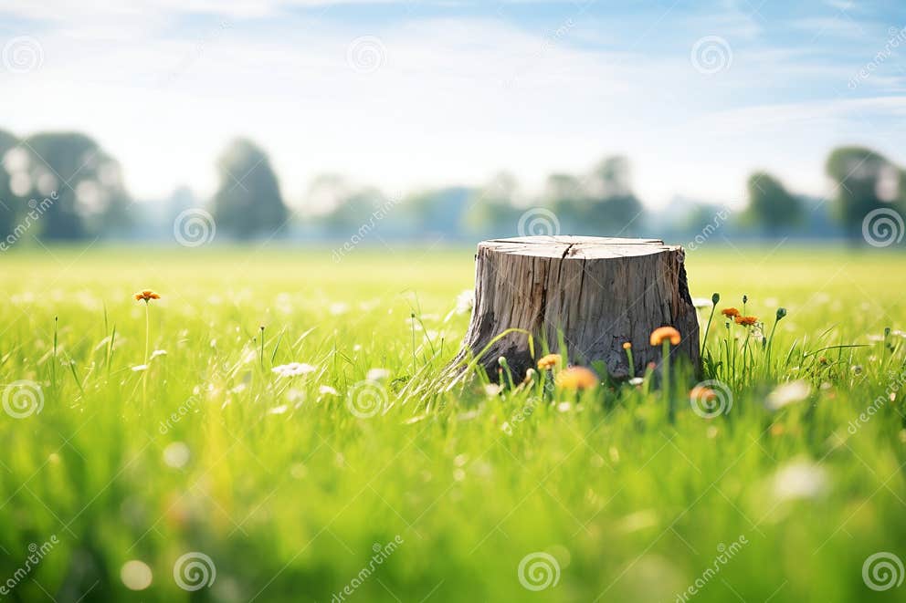 Low Tree Stump in a Sunny, Open Meadow Stock Photo - Image of generated ...