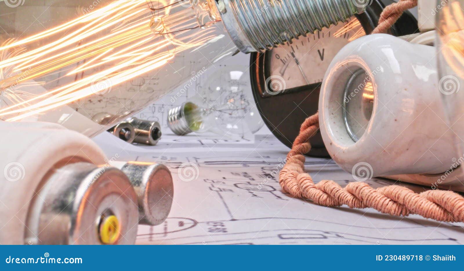 Low Voltage Edison Bulb. Light Bulb and Cables on Diagrams. Stock ...