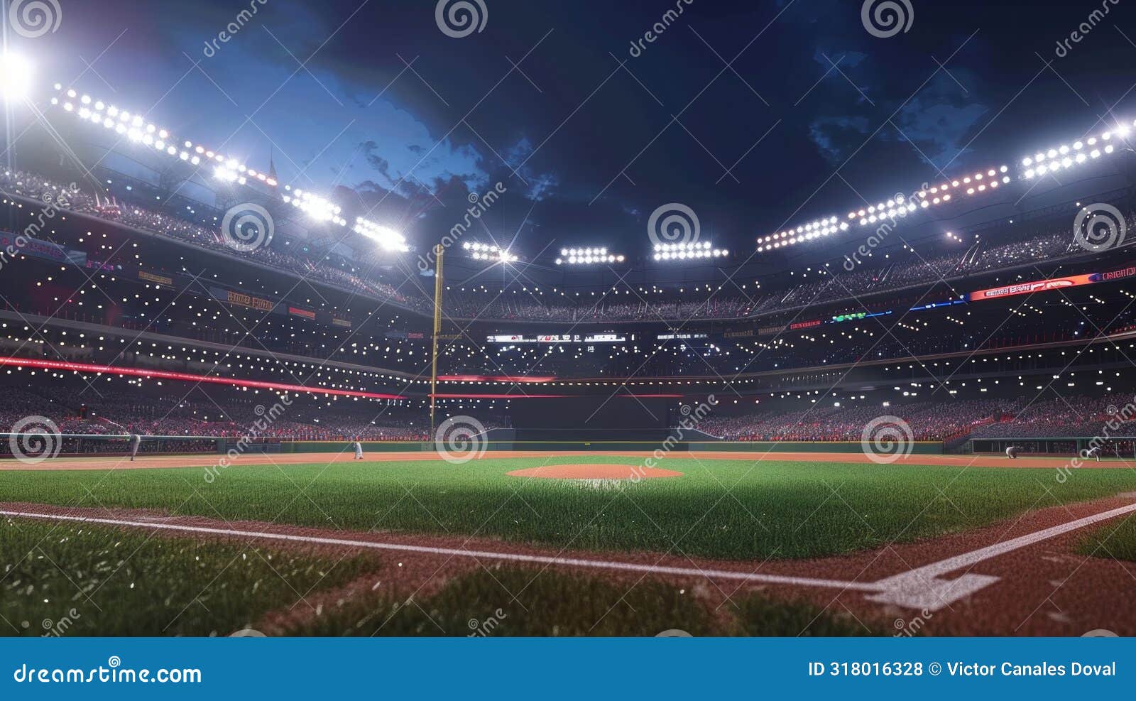 Low Wide Angle View of a Baseball Stadium at Night before a Match Stock ...