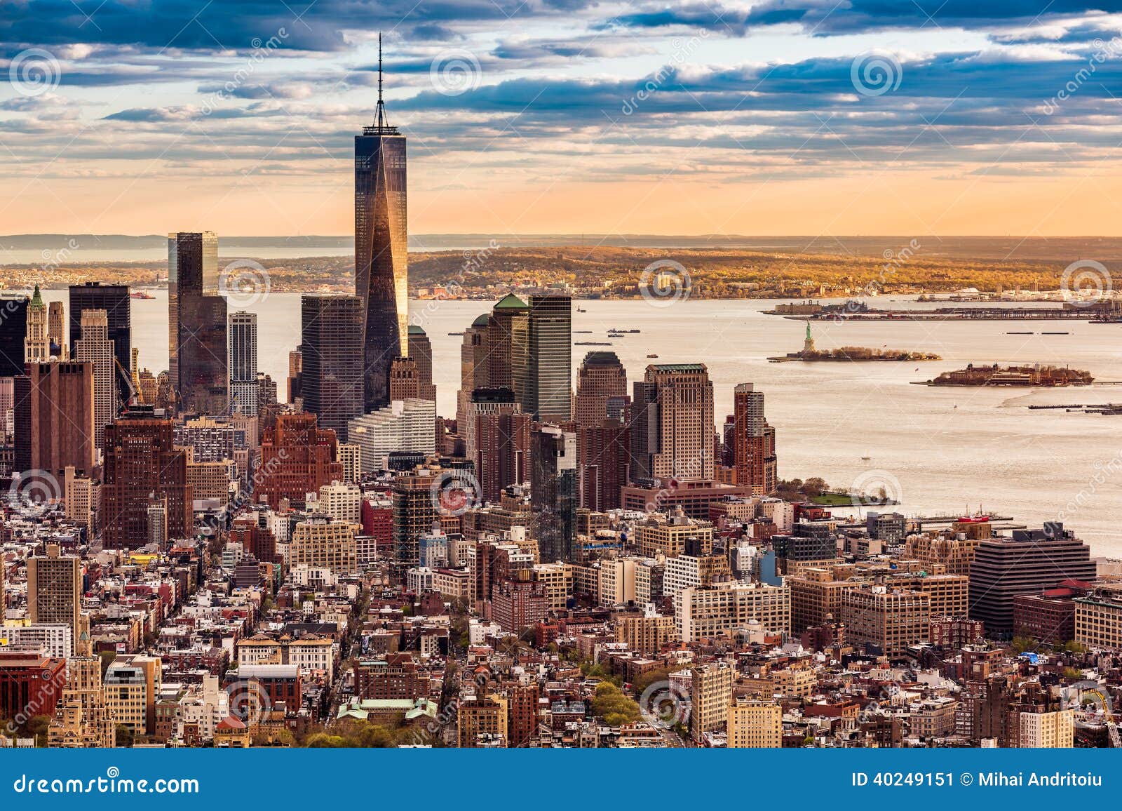 Lower Manhattan at sunset stock image. Image of symbol - 40249151