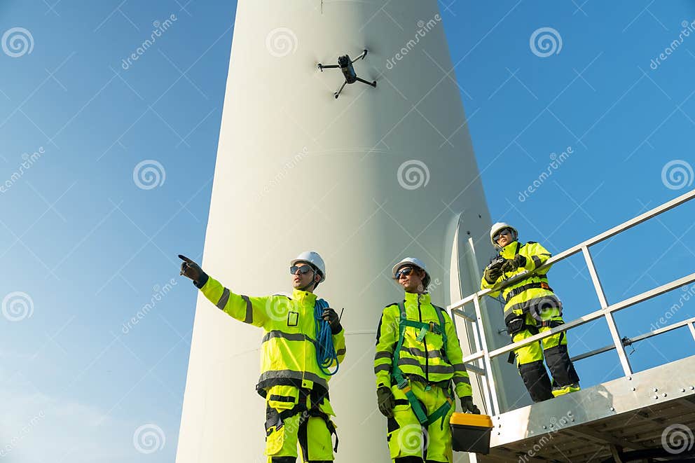 Lower View Group of Wind Turbine or Windmill Workers or Technician Stay ...