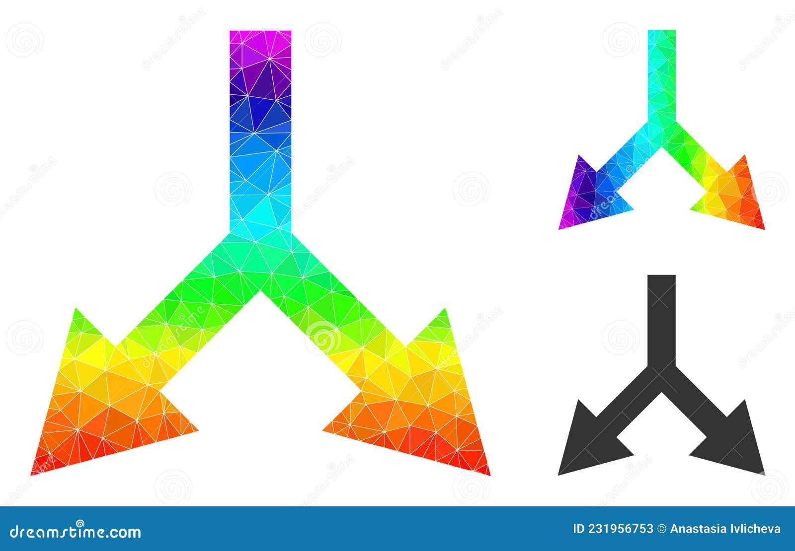Vector Lowpoly Bifurcation Arrow Down Icon with Spectrum Gradient Stock ...